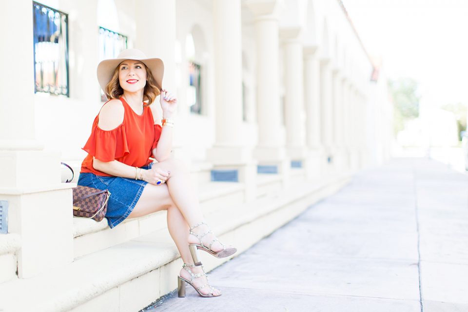 Back To Denim Cold Shoulder Top Floppy Hat Blame It On Mei Miami Fashion Blogger Mei Jorge
